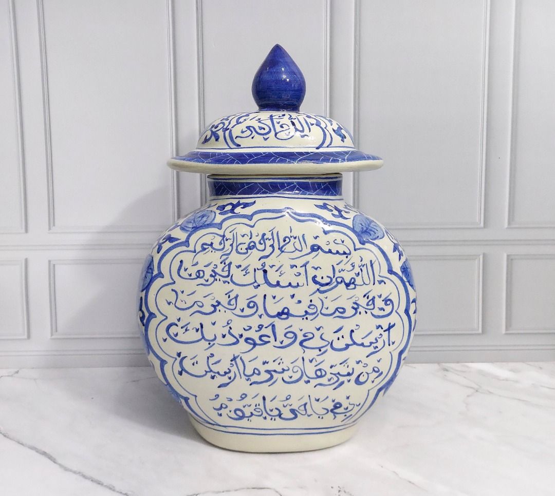 Vintage Antik Keramik Guci Kaligrafi Biru Putih Handmade Lukis Tangan ...