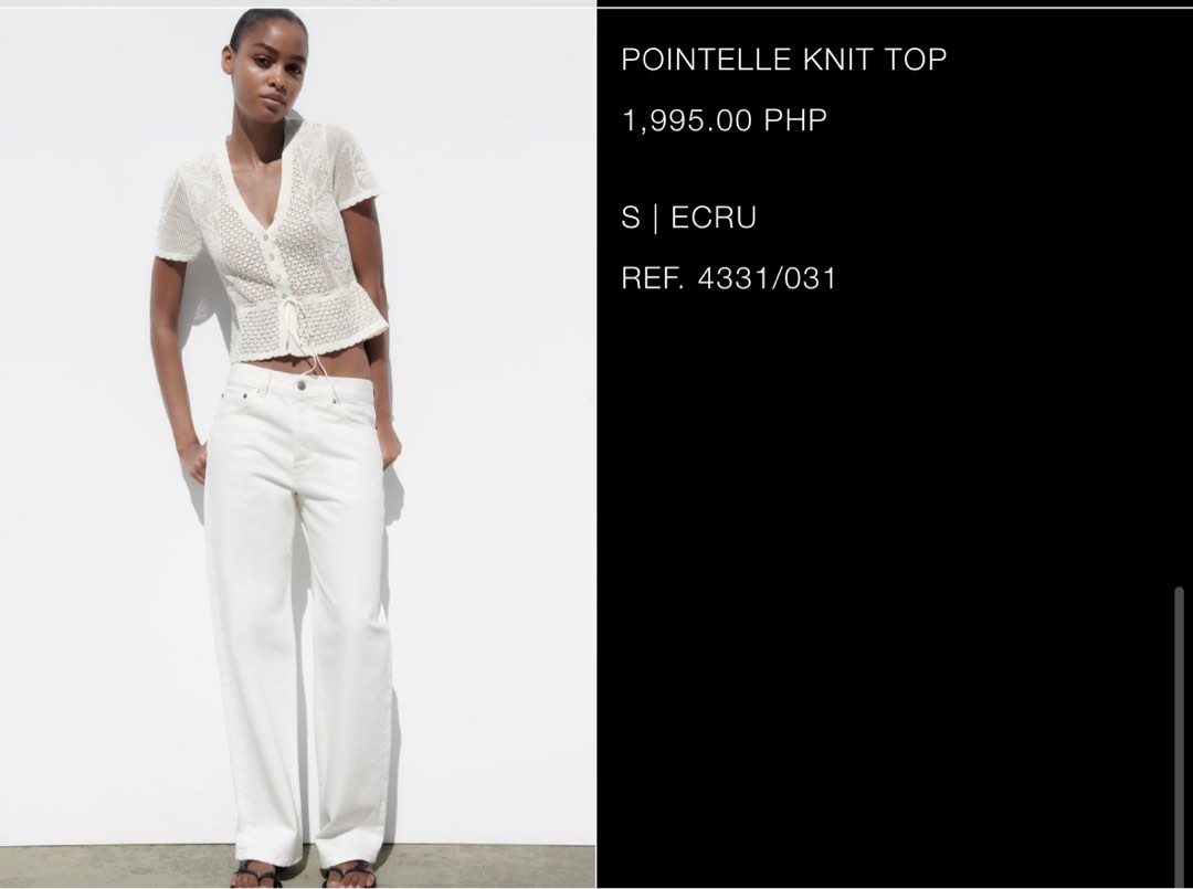 Zara Pointelle Knot Top - Cream, Women's Fashion, Tops, Blouses on Carousell