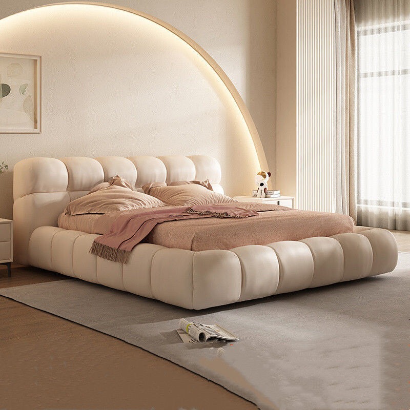 Italian Minimalist Puff Bed Frame Nappa Leather And Solid Wood Bed ...