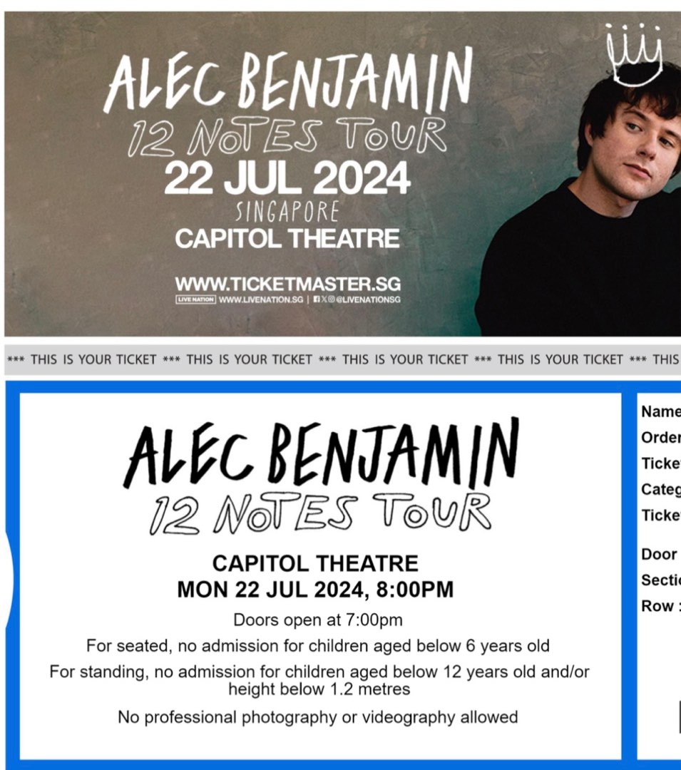 Alec Benjamin - 12 Notes Tour (Singapore) x1 CAT2 TICKET, Tickets ...
