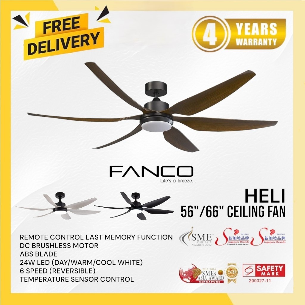 FANCO Heli Ceiling Fan with LED Light And Remote Control 6 Blade 56"/66 ...