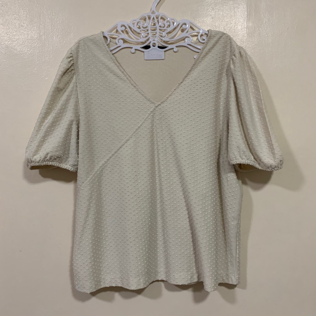 ForMe Cream Blouse Puff Sleeves with Dots, Women's Fashion, Tops ...