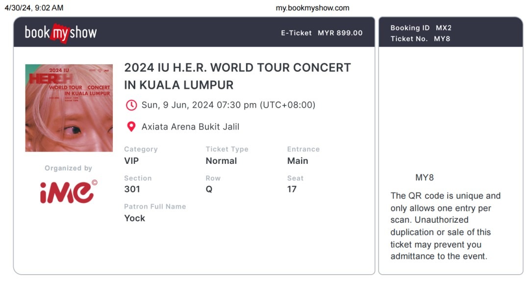 WTS IU Concert Kuala Lumpur 9/6/2024 (Sunday) VIP 301 x1, Tickets ...