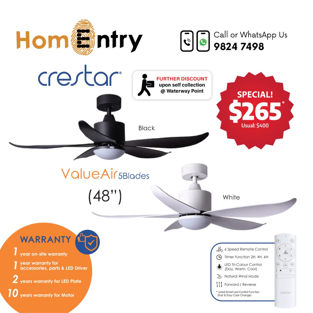 Crestar 5 blades 48" LED ceiling fans available in Black / White / Wood ...