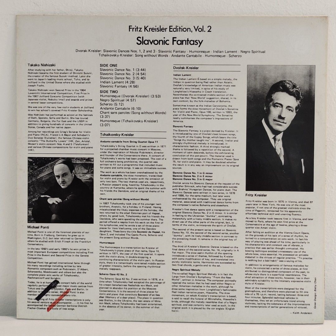 LP Vinyl 黑膠 Fritz Kreisler - Takako Nishizaki/Michael Ponti, Hobbies & Toys, Music & Media ...
