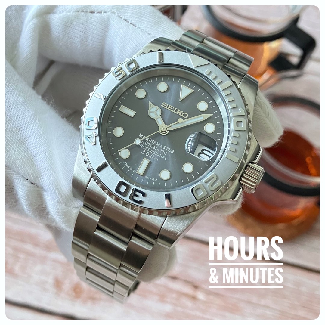Yachtmaster Rhodium Grey Silver Dawn automatic watch - Seiko mod, Men's ...