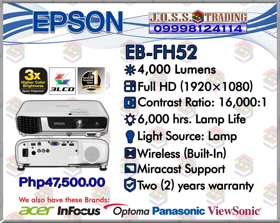 Epson EB-FH52 Full HD Wireless 3LCD Projector - 4000 ANSI Lumens, TV & Home Appliances, TV ...