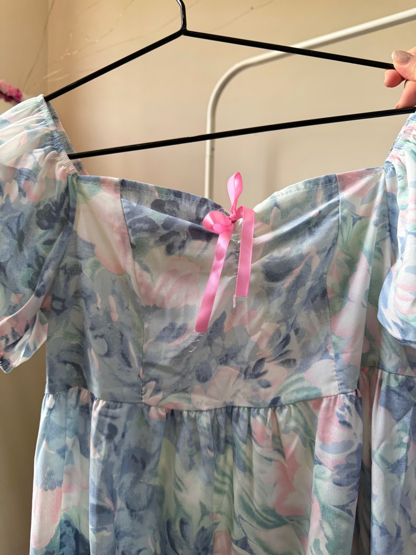 Korean Coquette Soft Girl Floral Puff Sleeve Dress with Ribbon detailp ...