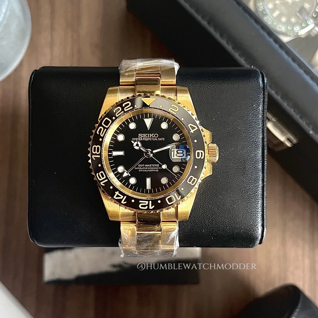Seiko Full Gold GMT mod (full black bezel), Luxury, Watches on Carousell