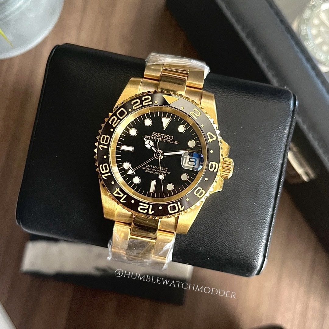 Seiko Full Gold GMT mod (full black bezel), Luxury, Watches on Carousell