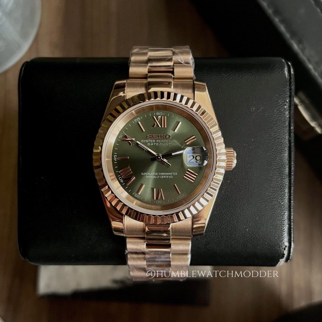 Seiko rose gold Olive dial datejust mod, Men's Fashion, Watches ...
