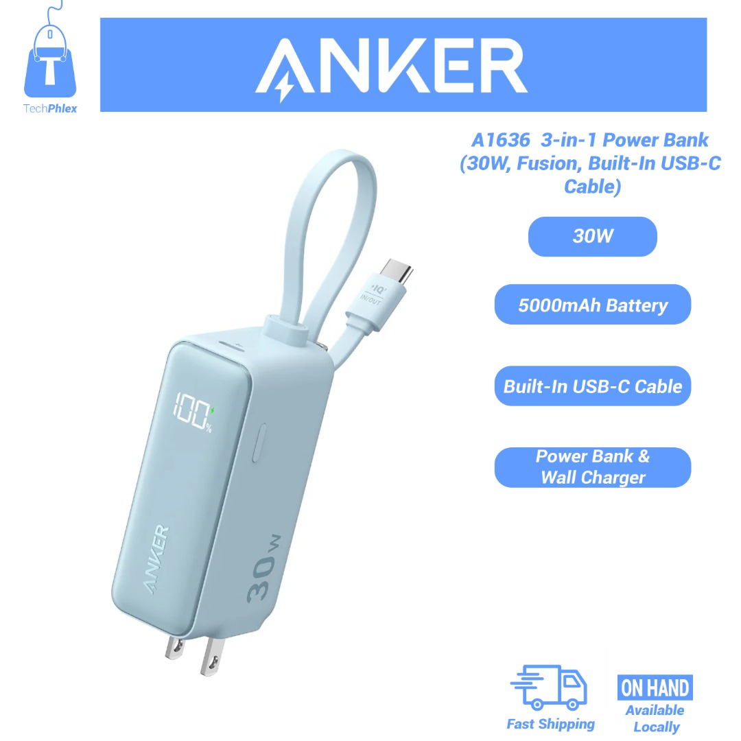 Anker A1636 3-in-1 Power Bank (30W, Fusion, Built-In USB-C Cable), Mobile Phones & Gadgets ...