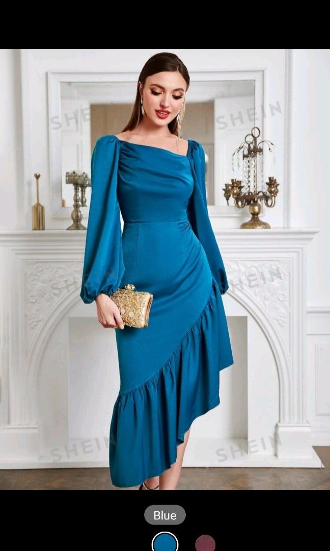 SHEIN BLUE PUFF SLEEVES SILK SATIN RUFFLE HEM FORMAL EVENT GRADUATION ...