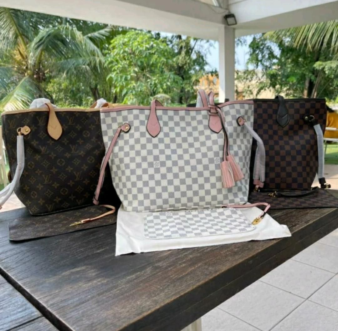 TAS TOTE BAG LV CEWE NEVERFULL MM READY 3MOTIF, Fesyen Wanita, Tas ...
