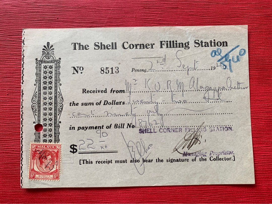 PENANG Shell Corner Filling Stn RECEIPT 1950, Hobbies & Toys ...