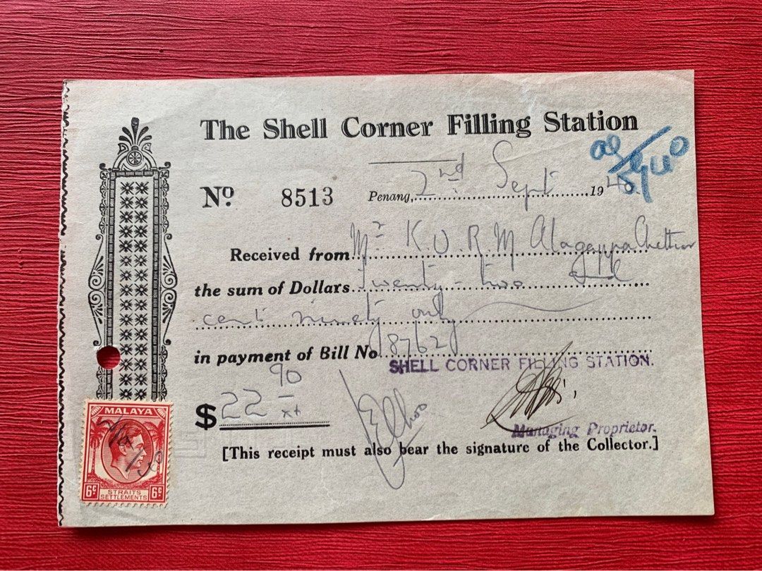 PENANG Shell Corner Filling Stn RECEIPT 1950, Hobbies & Toys ...