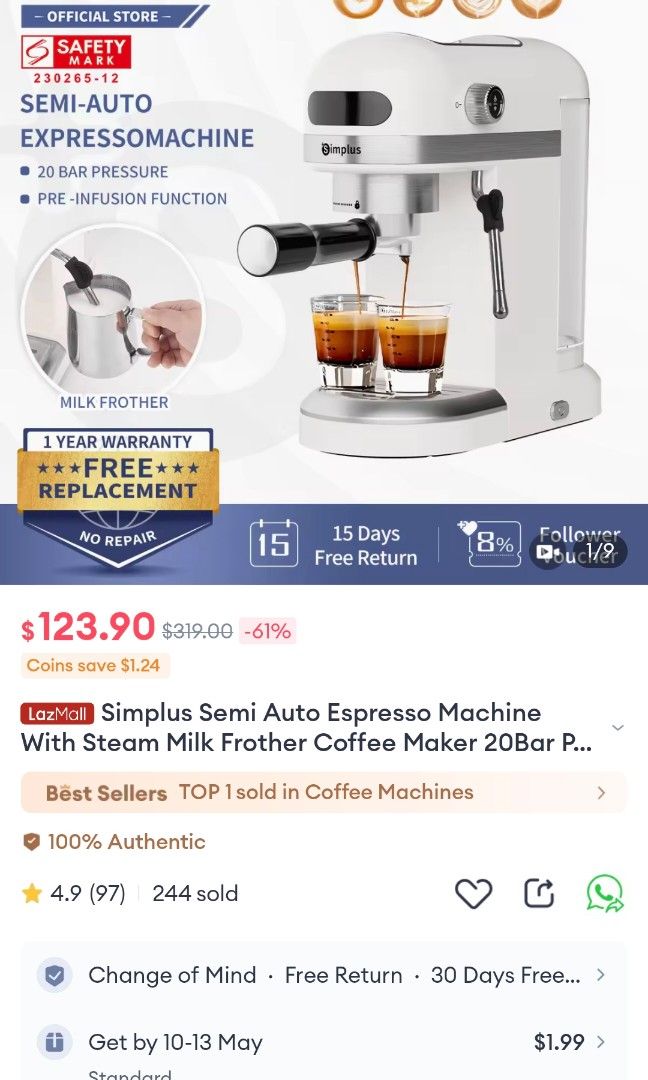 SIMPLUS SEMI AUTO ESPRESSO MACHINE, TV & Home Appliances, Other Home ...
