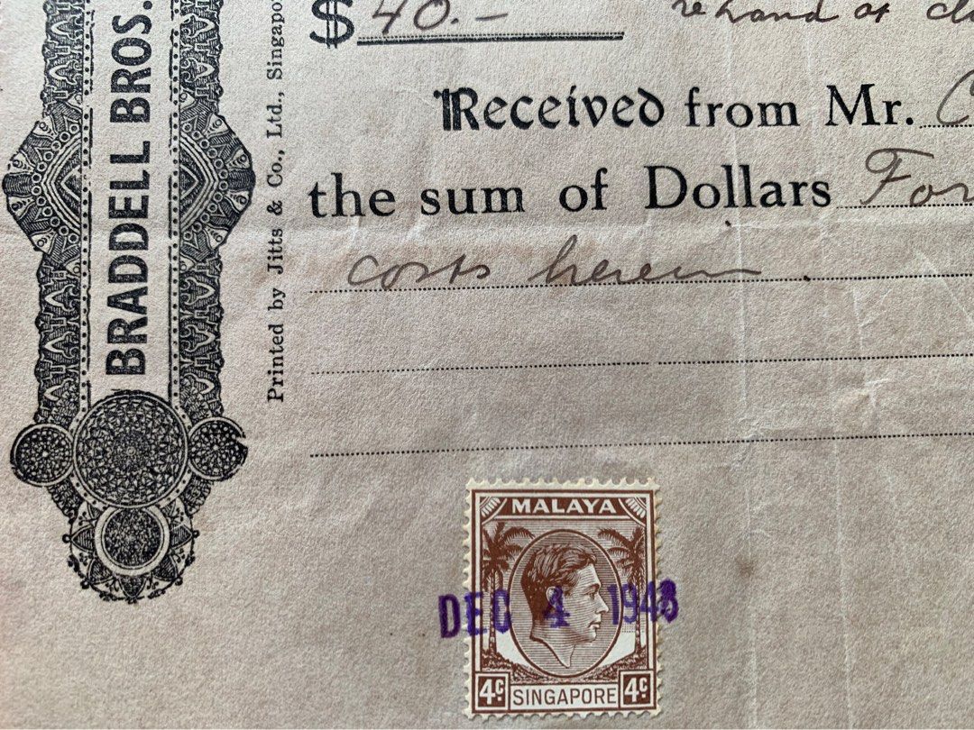 Singapore BRADDELL BROS 1948 Receipt, Hobbies & Toys, Stationery ...