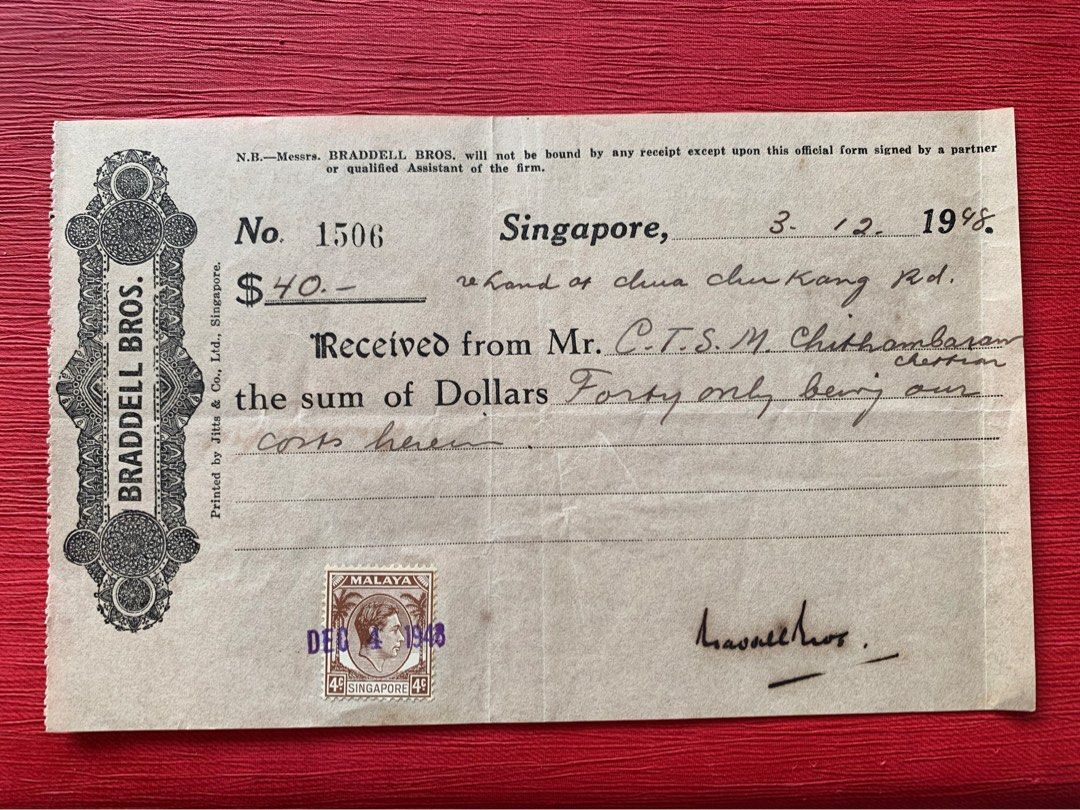 Singapore BRADDELL BROS 1948 Receipt, Hobbies & Toys, Stationery ...