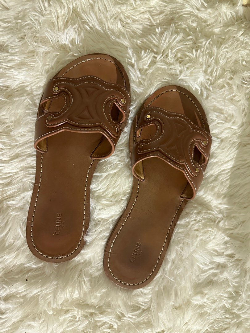 Celine Triomphe Calfskin Mule Tan, Women's Fashion, Footwear, Sandals ...