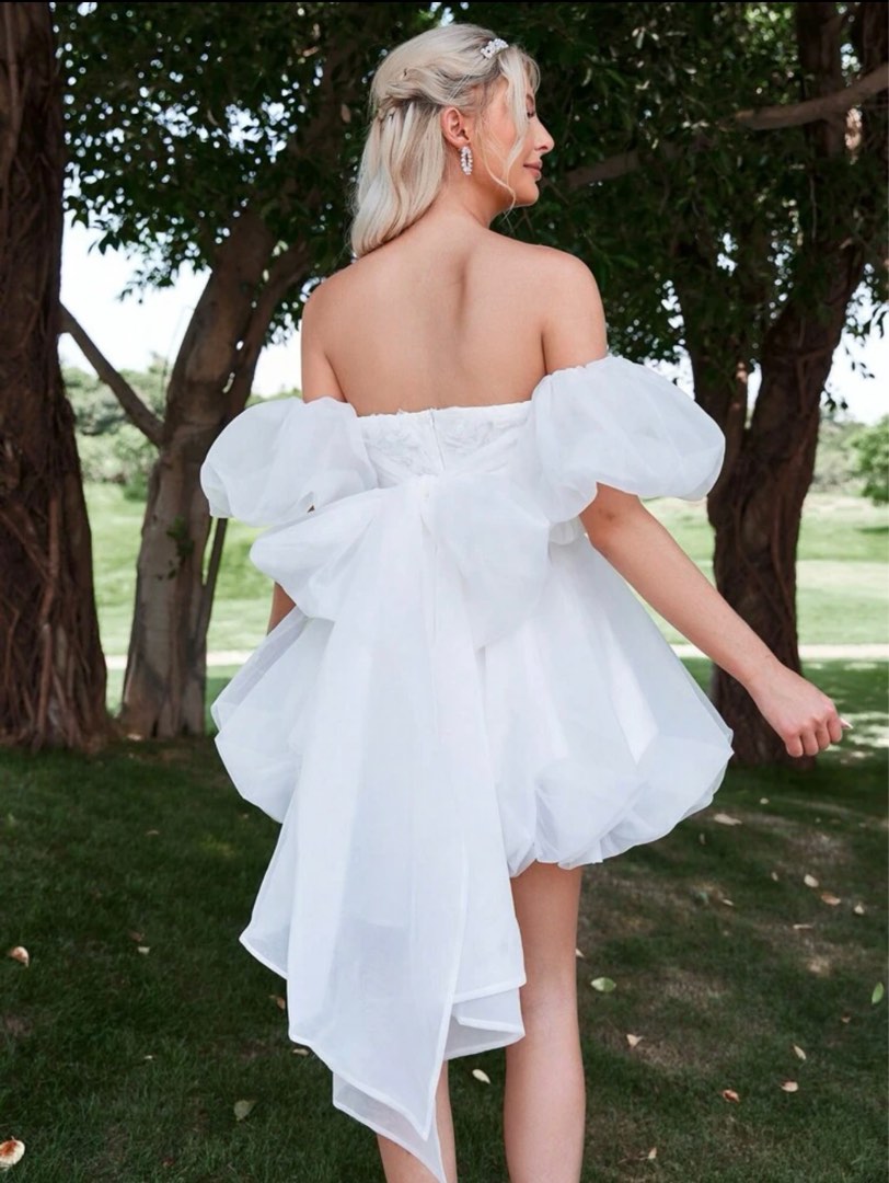 PRENUP or WEDDING Reception Dress Off Shoulder Puff Sleeve Big Bow Back ...