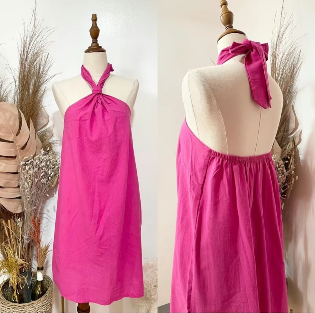 SEMI PLUS SIZE HOT PINK SELF TIE LINEN DRESS, Women's Fashion, Dresses ...
