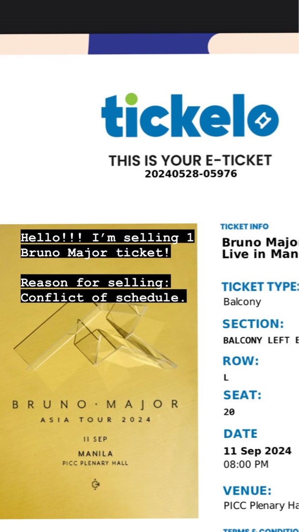 Bruno Major Ticket, Tickets & Vouchers, Event Tickets on Carousell
