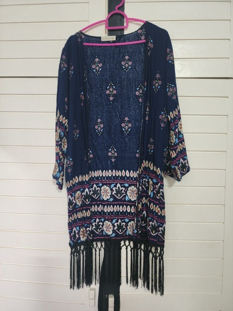 readystock premium quality batik soft cooling blue boho fringe long ...