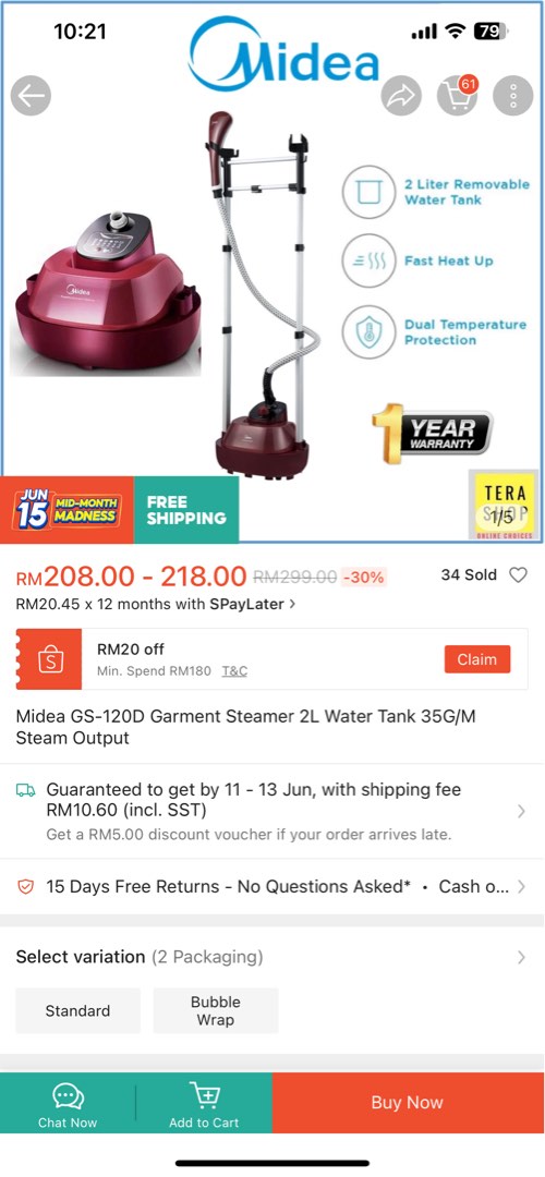 Midea Garmet Steam Iron like new RM100, TV & Home Appliances, Irons ...
