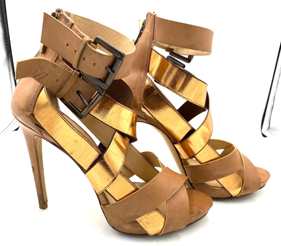 Stella Luna Gold and Tan Leather Stilettos, Women's Fashion, Footwear ...