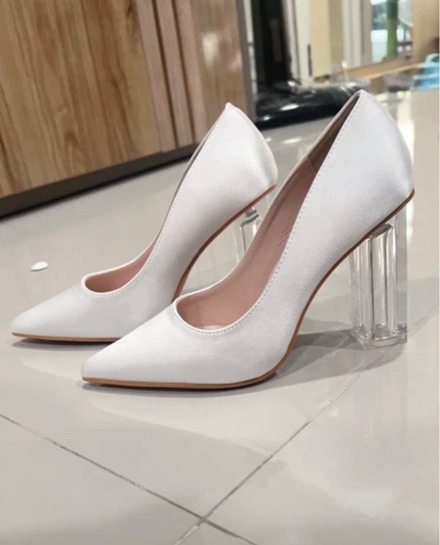 Clear transparent off white wedding satin 4 inch high heels, Women's ...