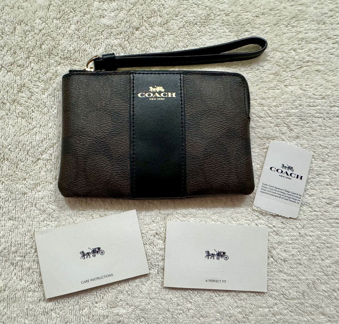 Coach Corner Zip Wristlet In Signature Canvas Brown Black, Women's ...