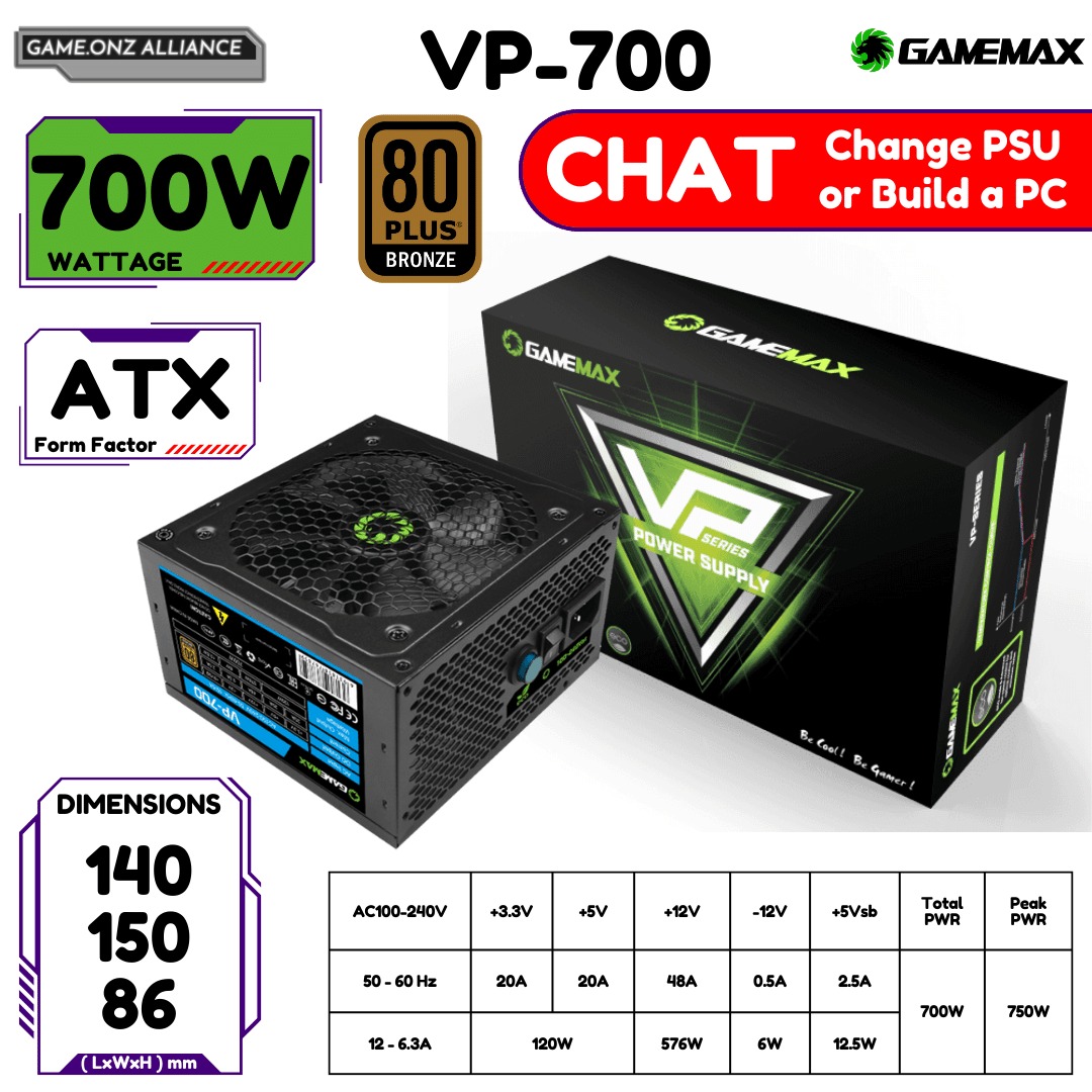 PSU | GAMEMAX VP-700 80+ BRONZE CERTIFIED 700W PSU | POWER SUPPLY UNIT COMPONENT COMPPSU VP700 ...