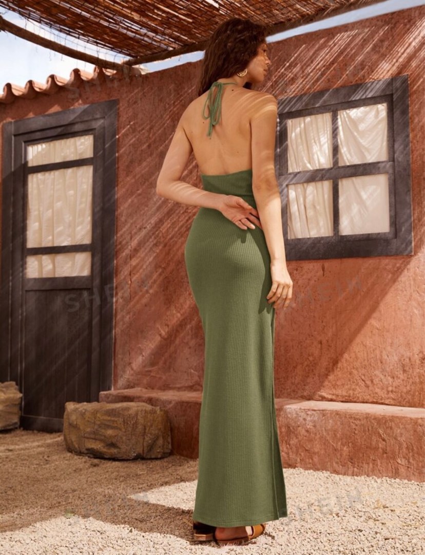 SHEIN Green Ribbed Maxi Dress (with slit), Women's Fashion, Dresses ...