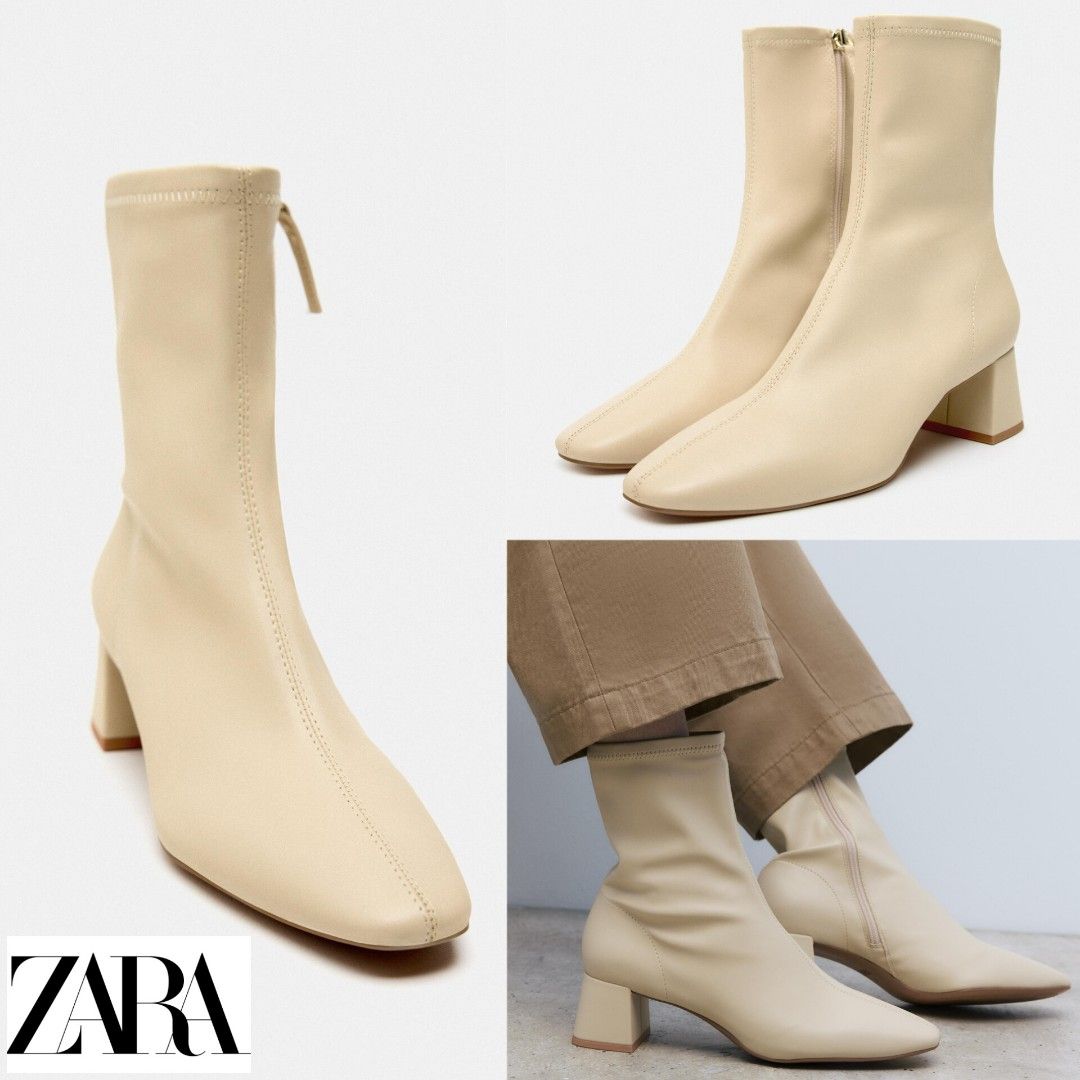 [ZARA] NEW Block Heels Ankle Boots Faux PU Leather Zip Up Pointed Toe ...