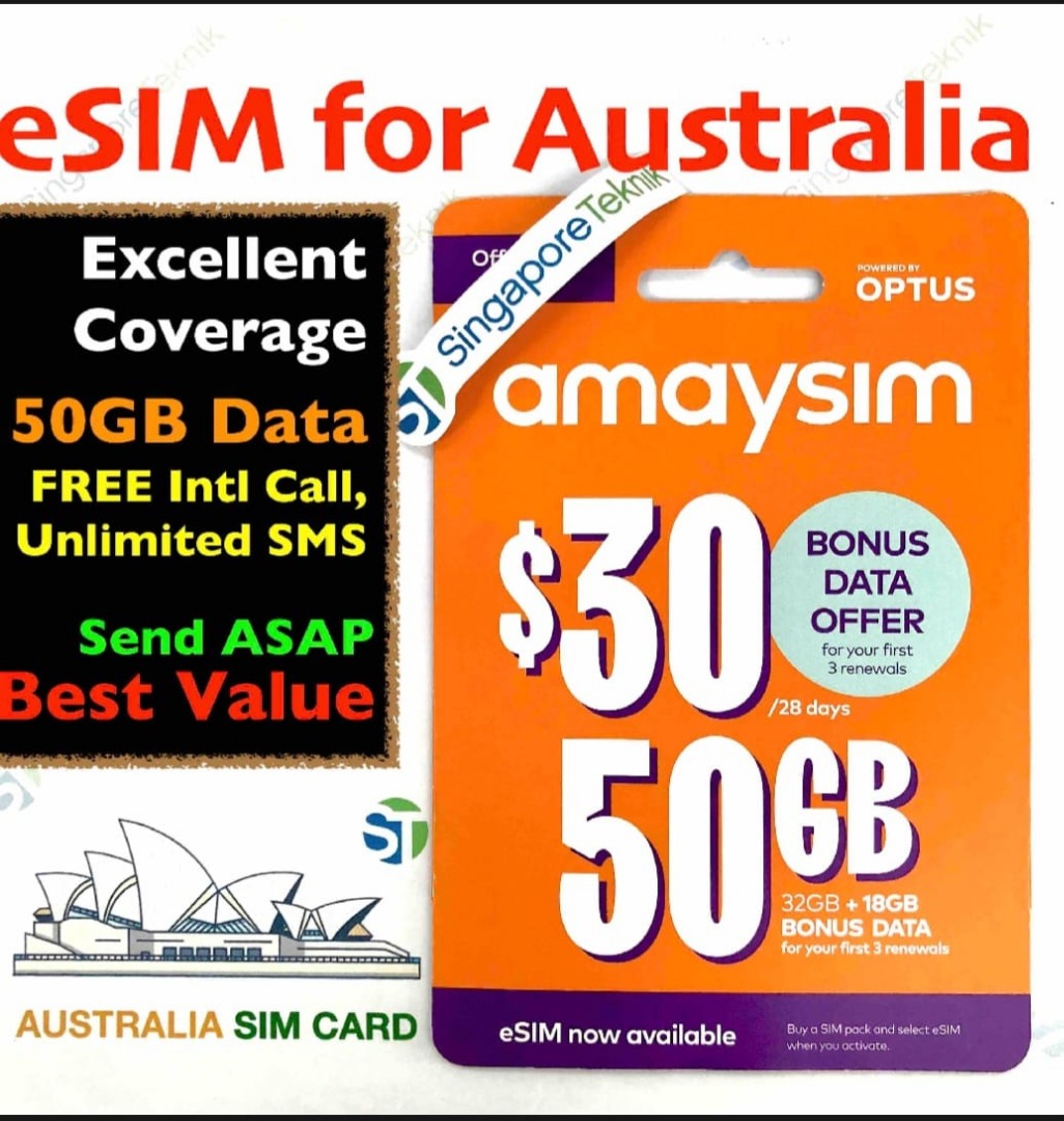 Australia eSIM SIM CARD 50GB DATA Free Local Calls SMS 28 Days Active ...