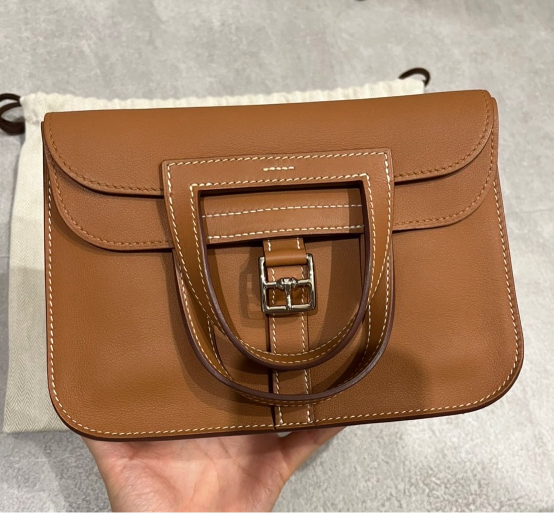 Hermes mini halzan 金棕色銀釦 愛馬仕, 名牌精品, 精品包與皮夾在旋轉拍賣