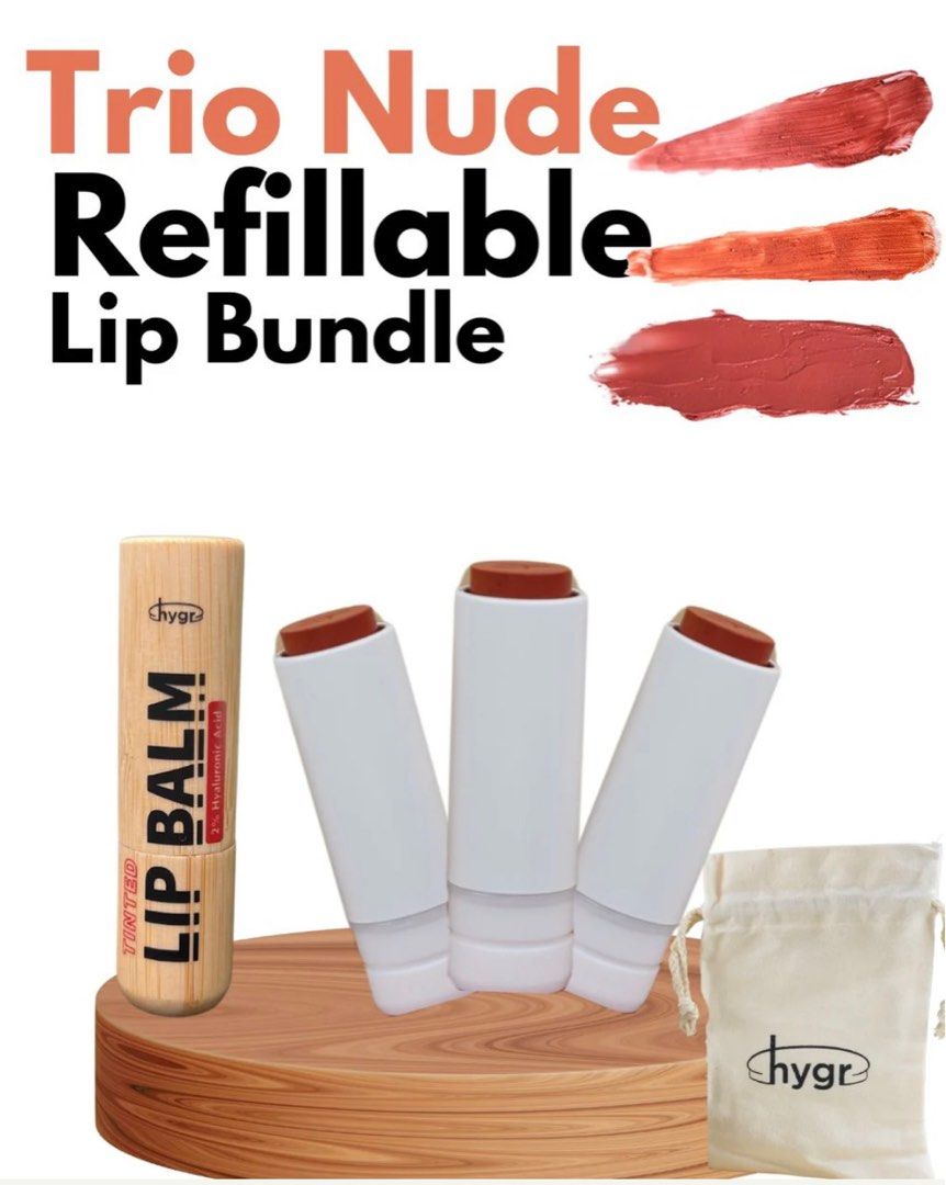 HYGR Trio Nude Bamboo Refillable Natural Tinted Lip Balm + 2 % ...