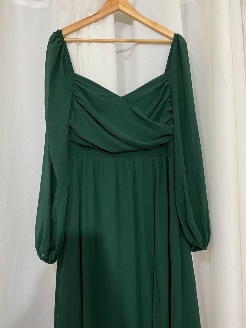 SHEIN Belle Sweetheart Neck Lantern Sleeve Split Thigh Bridesmaid Dress Emerald Green Gown ...