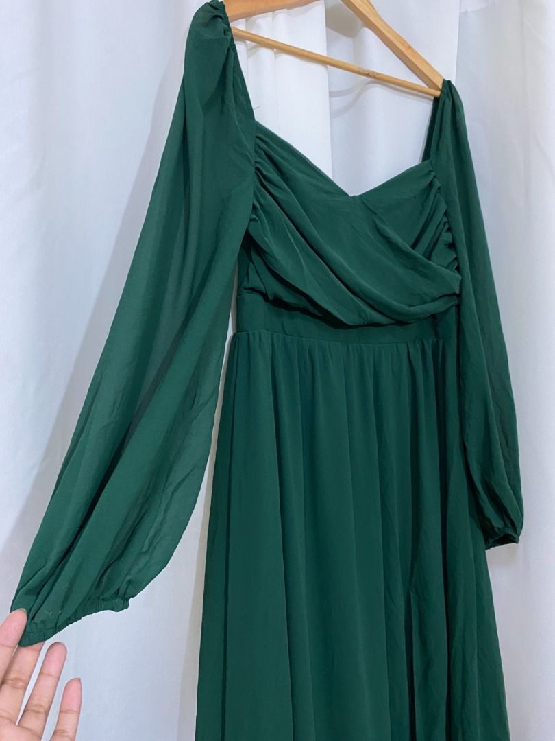 SHEIN Belle Sweetheart Neck Lantern Sleeve Split Thigh Bridesmaid Dress Emerald Green Gown ...