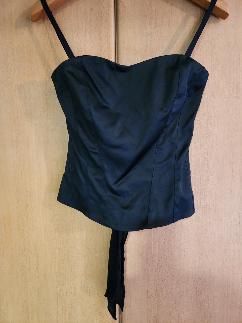Coast black satin bustier / corset top with silk chiffon lace-up Y2K ...