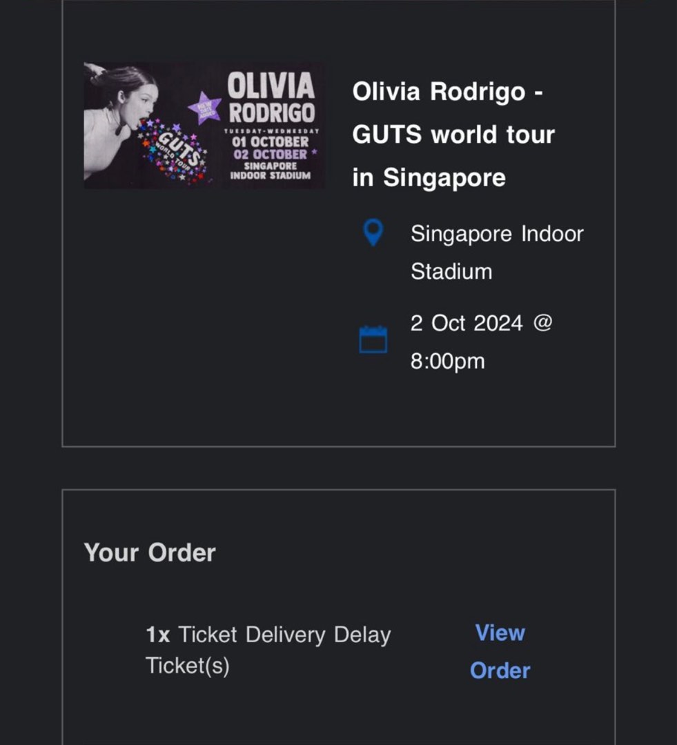 Olivia Rodrigo Guts Tour Ticket Cat 2, Tickets & Vouchers, Event ...