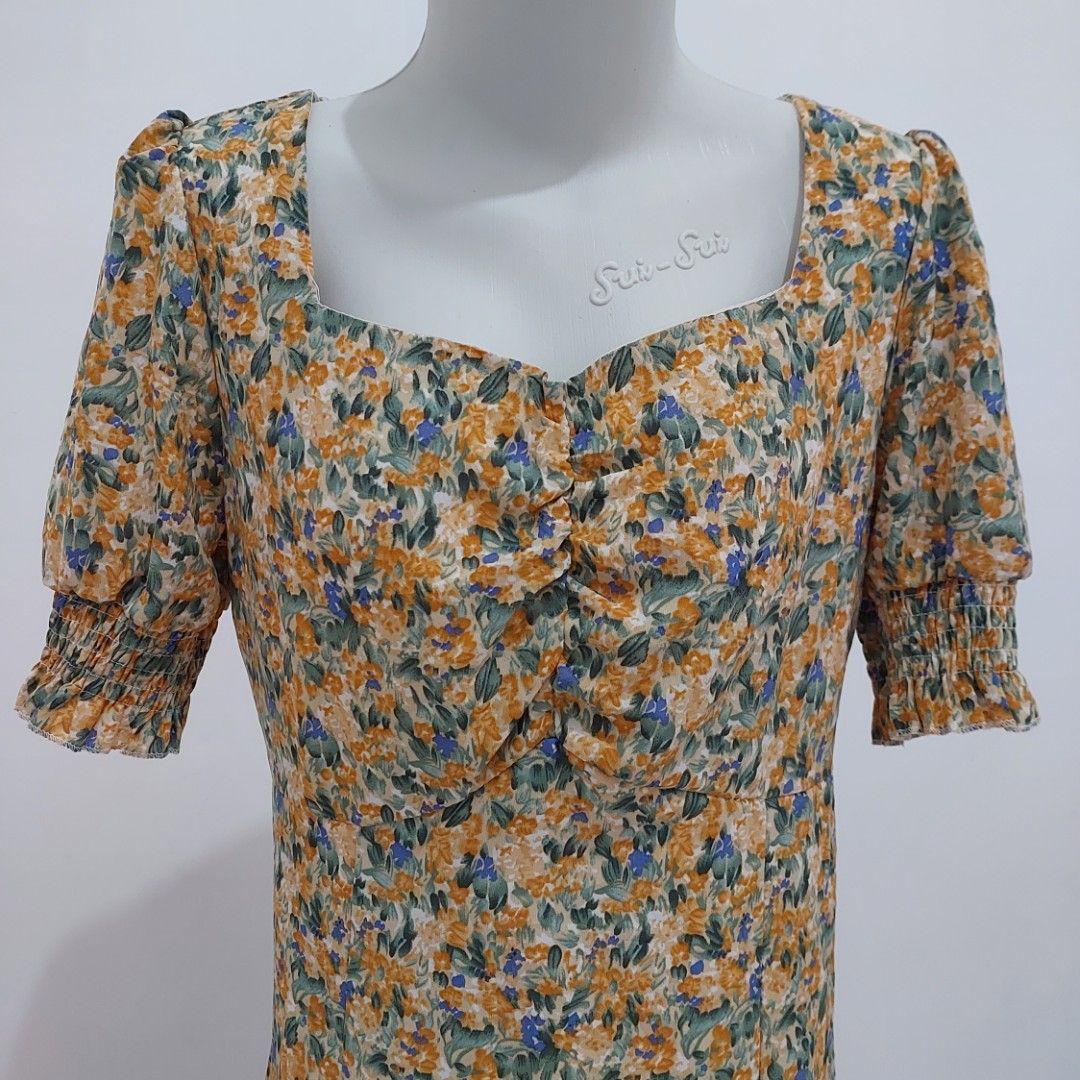 Pre- ️Dress bunga Sifon Korea Lengan Balon Smoke, Fesyen Wanita ...