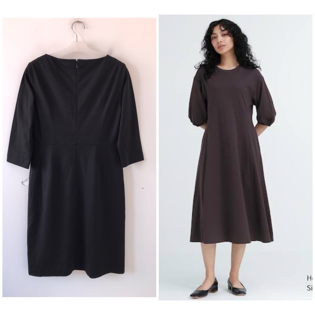 Uniqlo Gaun Cutton Strecht Super Black Lengan 7/8, Fesyen Wanita, Pakaian Wanita, Gaun & Rok di ...