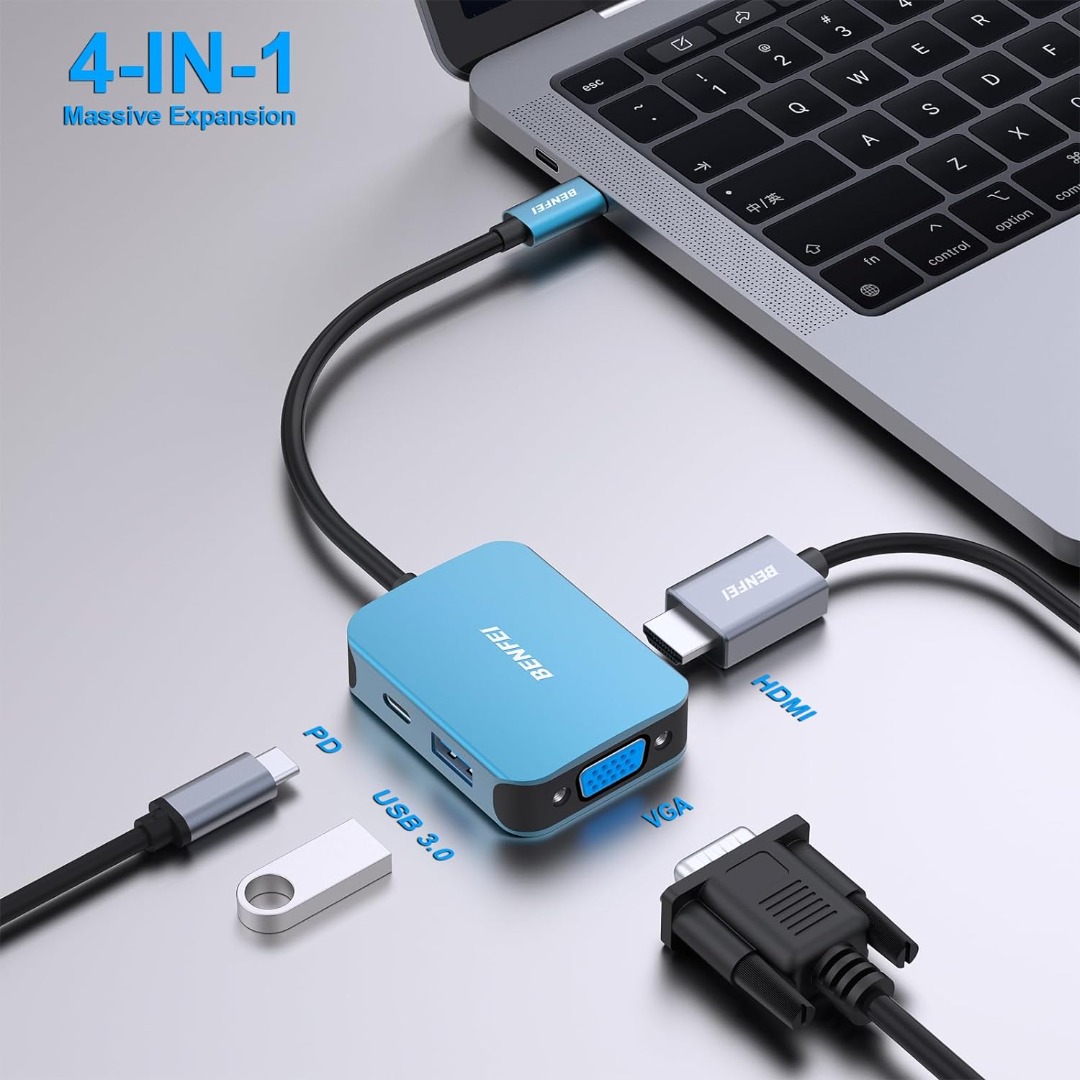 BENFEI USB C HUB 4 合 1 多埠轉接器附 USB C 轉 HDMI VGA USB 3.0 和 60W PD 相容於最新 iPhone 和 MacBook galckp ...