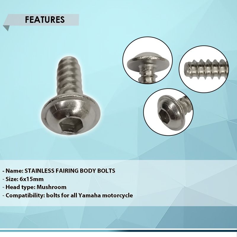 MOTORCYCLE STAINLESS FAIRING BODY BOLTS THREADED MUSHROOM HEAD, 6x15mm ...