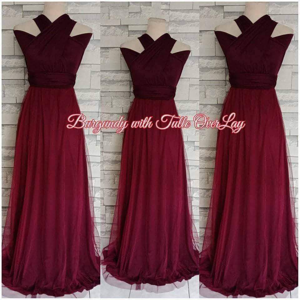 Burgundy Infinity Dress with Tulle Overlay and Slit, Women's Fashion ...