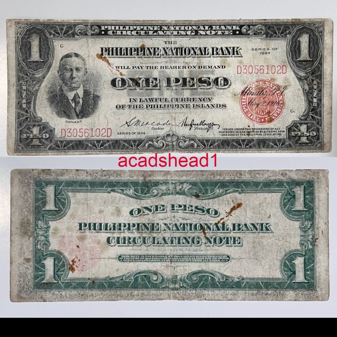 RARE 1 peso Conant PNB 1924 Philippine National Bank American Money ...