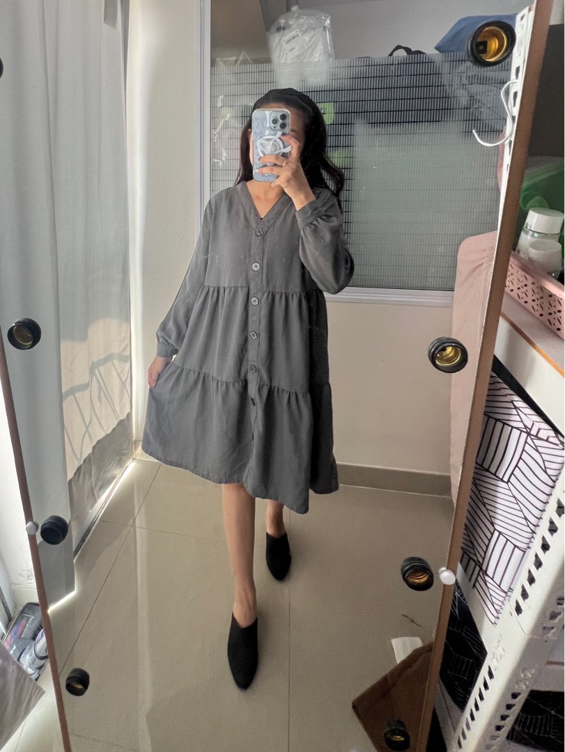 THIS IS APRIL grey dress terusan, Fesyen Wanita, Pakaian Wanita, Gaun ...