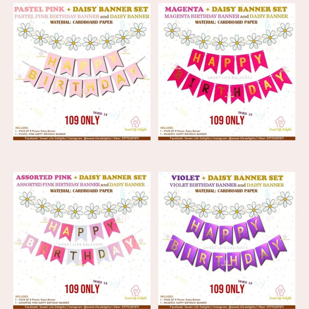 Happy Birthday Banner + Daisy Flower Banner Set, Happy Birthday Banner ...